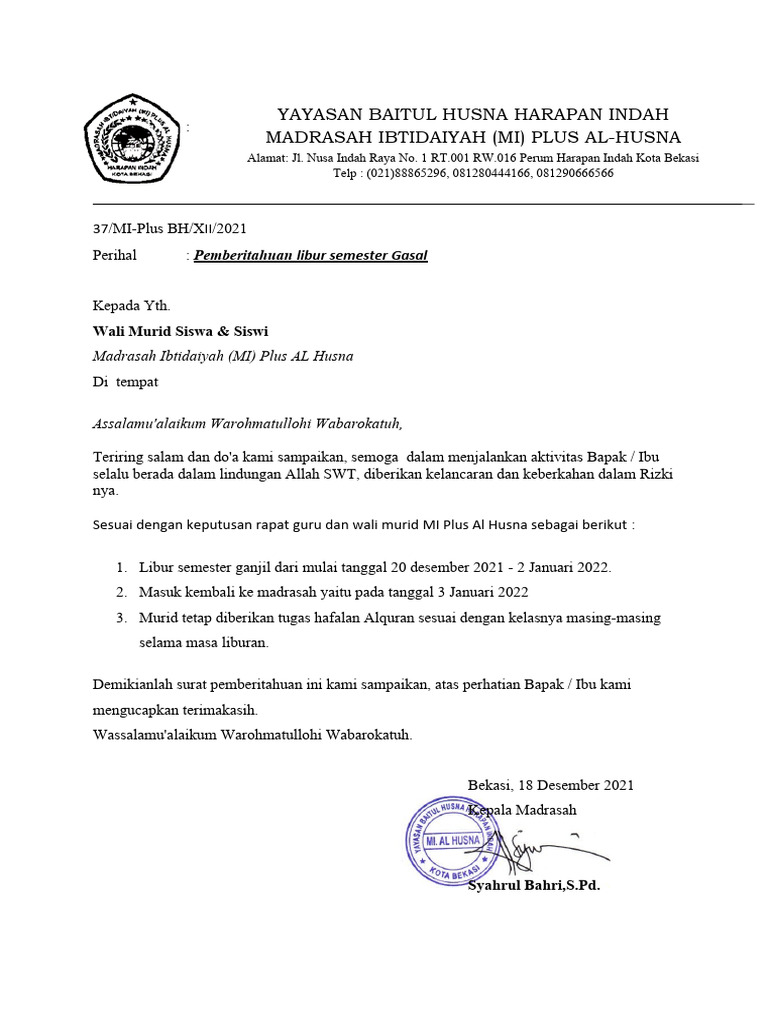 Surat Pemberitahuan Libur 2021 | PDF