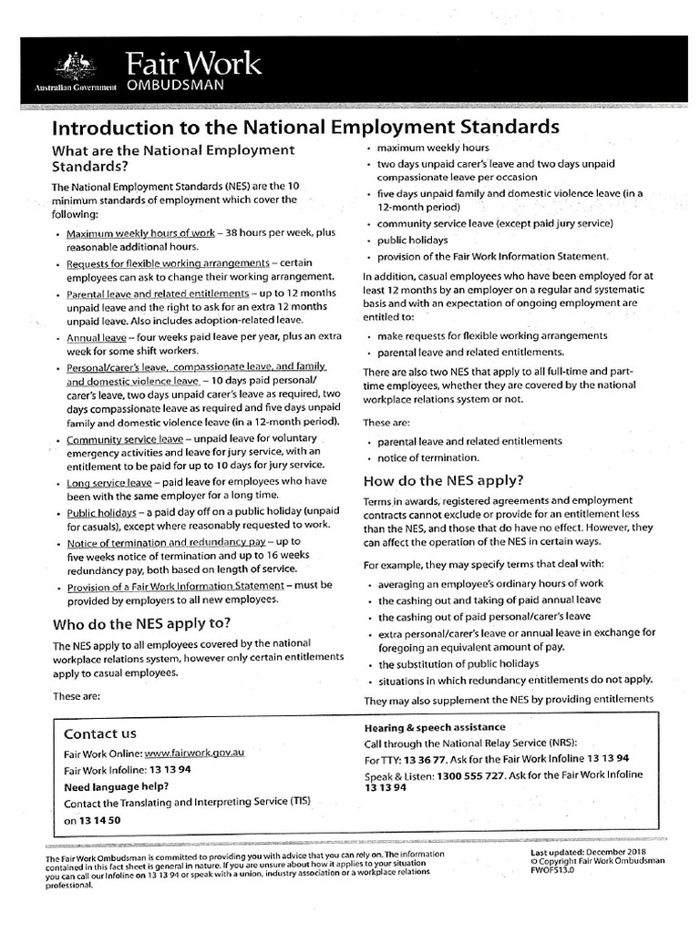 National Employee Standards - Fair Work Australia 2018 | PDF