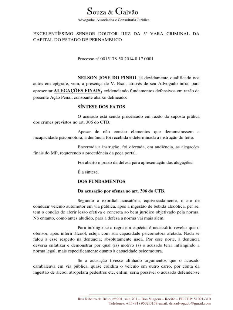 Alegações Finais - Nelson Jose de Pinho Art. 306 CTB | PDF
