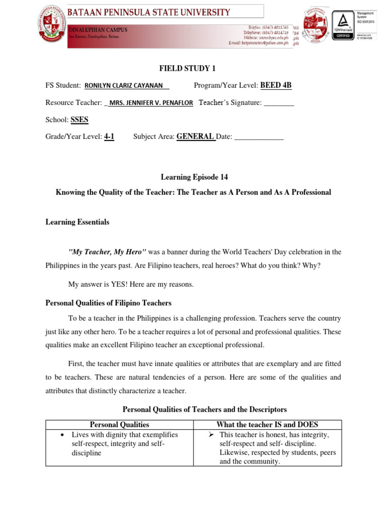 Cayanan Ronilyn Clariz L - FS Learning Episode 14 | PDF | Teachers ...