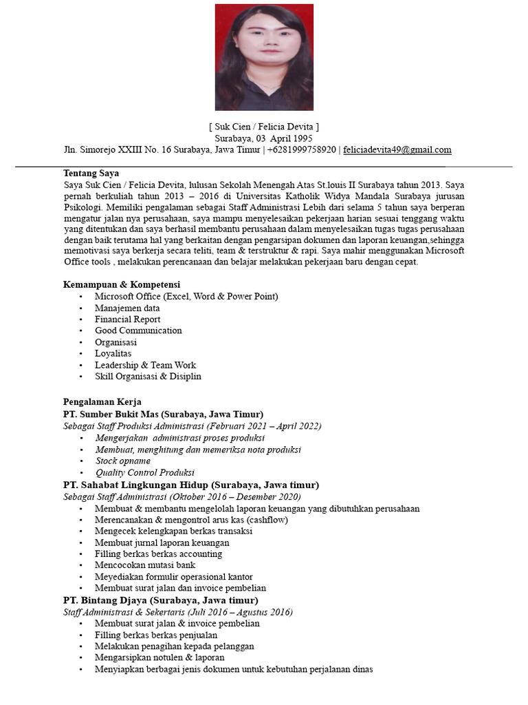 Suk Cien (Felicia Devita) Marketing Resume | PDF | Karier & Perkembangan | Seni