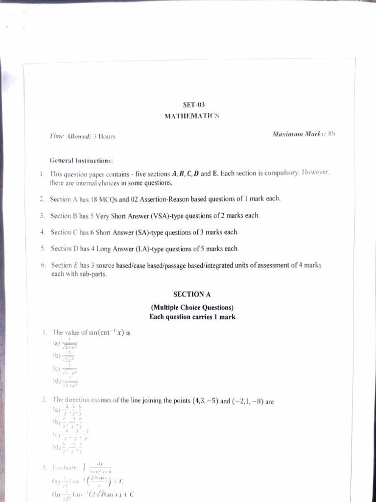 Mathematics Question Paper Overview | PDF | Matrix (Mathematics ...