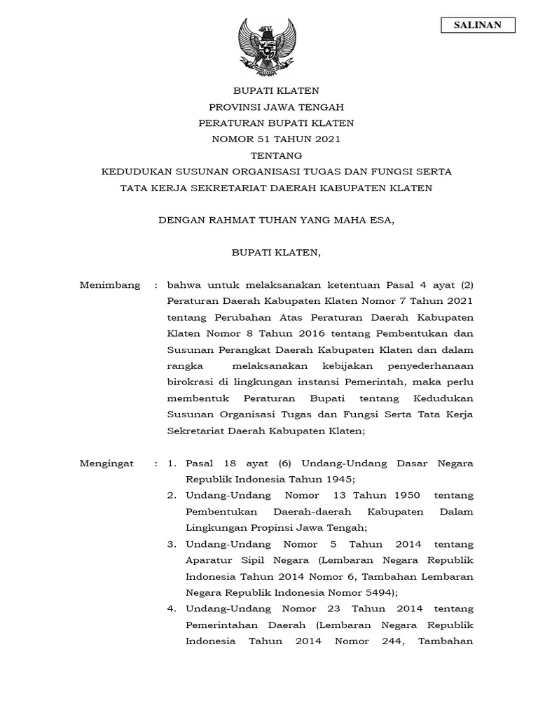Perbup Nomor 51 Tahun 2021 Tentang SOTK Sekretariat Daerah Kabupaten Klaten | PDF