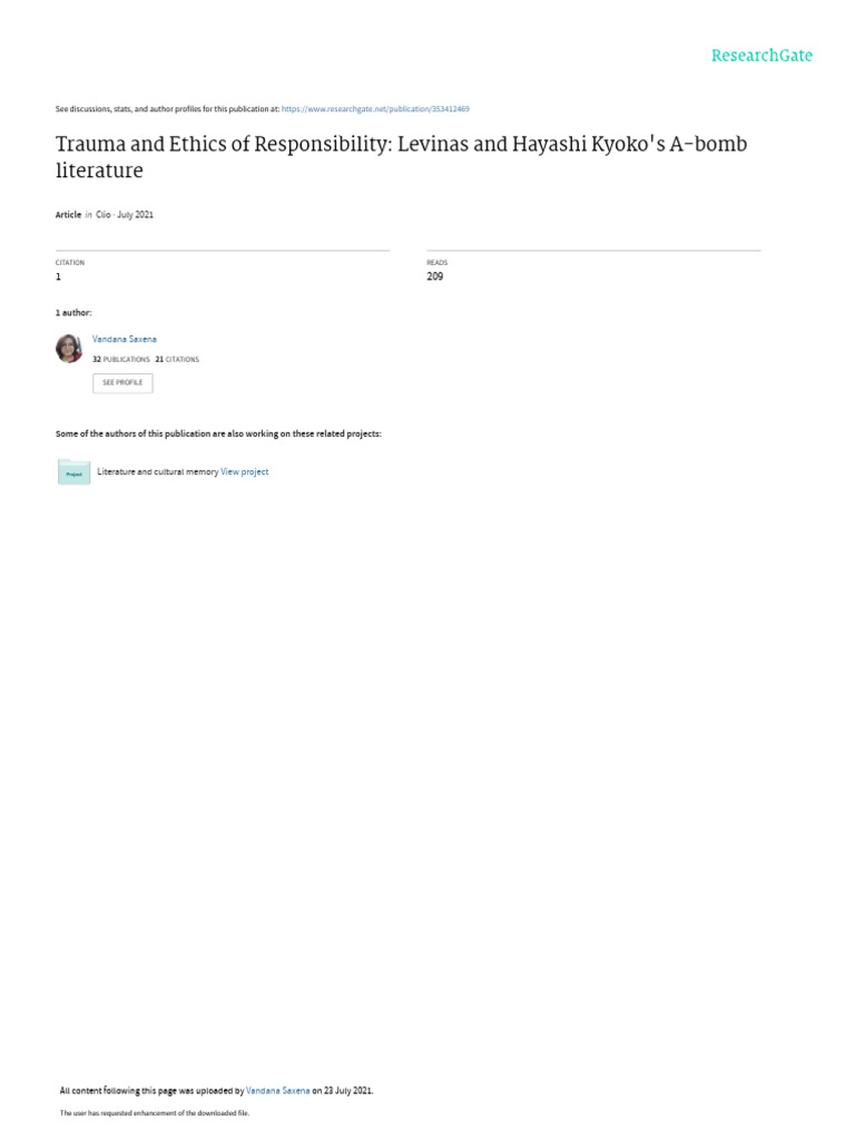 Trauma and Ethics of Responsibility: Levinas and Hayashi Kyoko's A-Bomb Literature | PDF ...