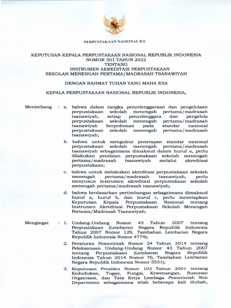 SK 301 Instrumen Akreditasi Perpustakaan Sekolah Menengah Pertama Madrasah Tsanawiyah1 | PDF