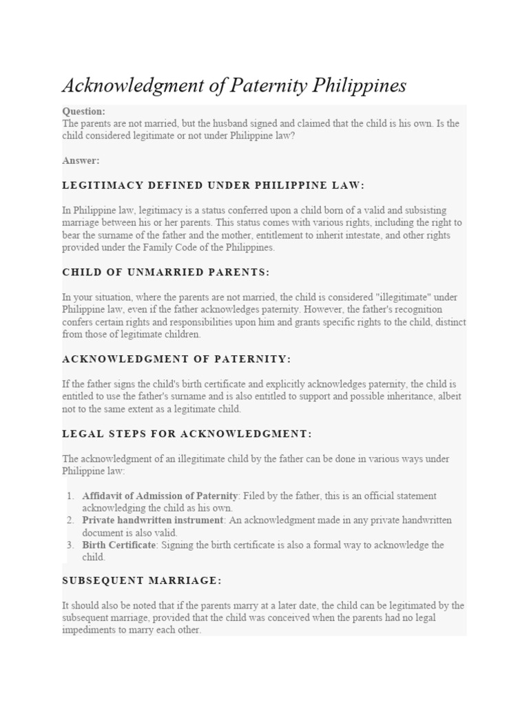 Acknowledgment of Paternity Philippines | PDF | Legitimacy (Family Law ...