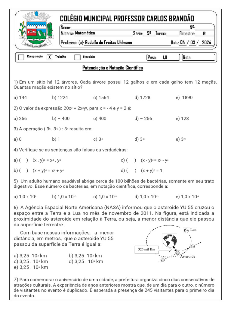 Distância do asteroide YU 55 à Terra | PDF | Nanofios | Ciências Físicas