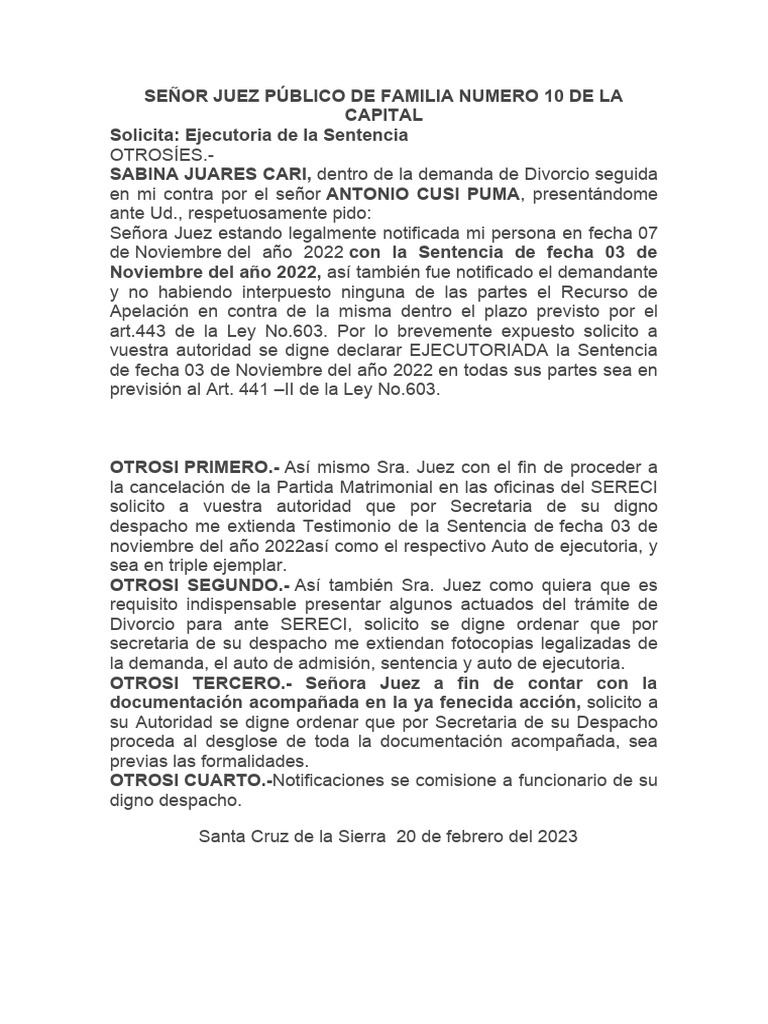 Modelo de Memorial para Solicitar Ejecutoria de La Sentencia | PDF