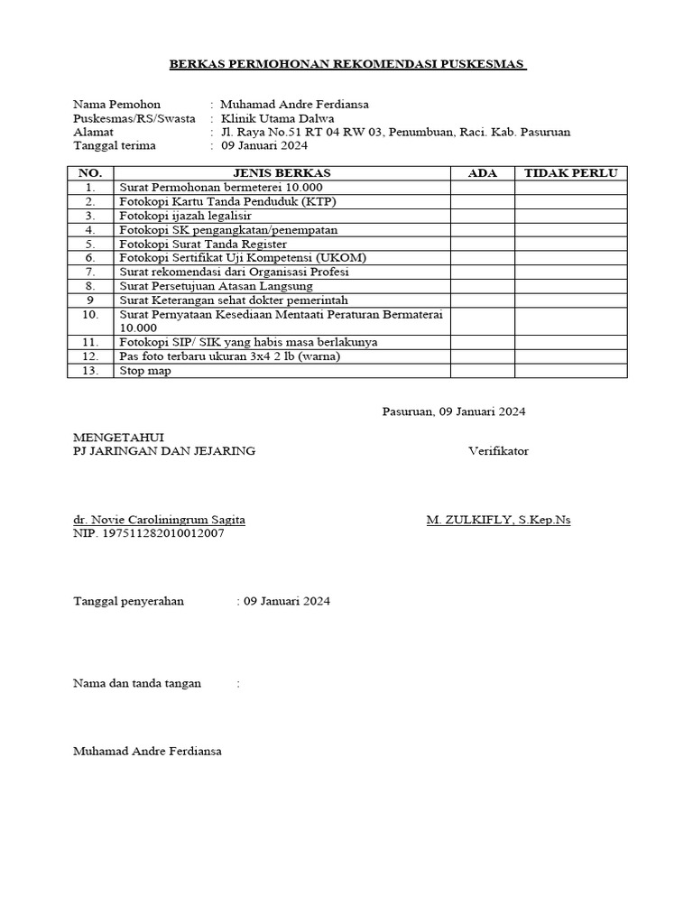 Berkas Permohonan Rekom Puskesmas | PDF