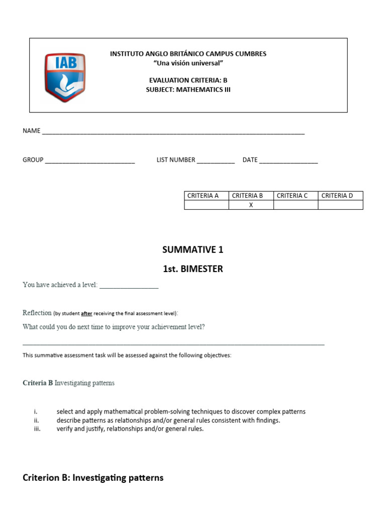 MYP III Math Summative Aassessment IB Criteria B | PDF | Teaching ...