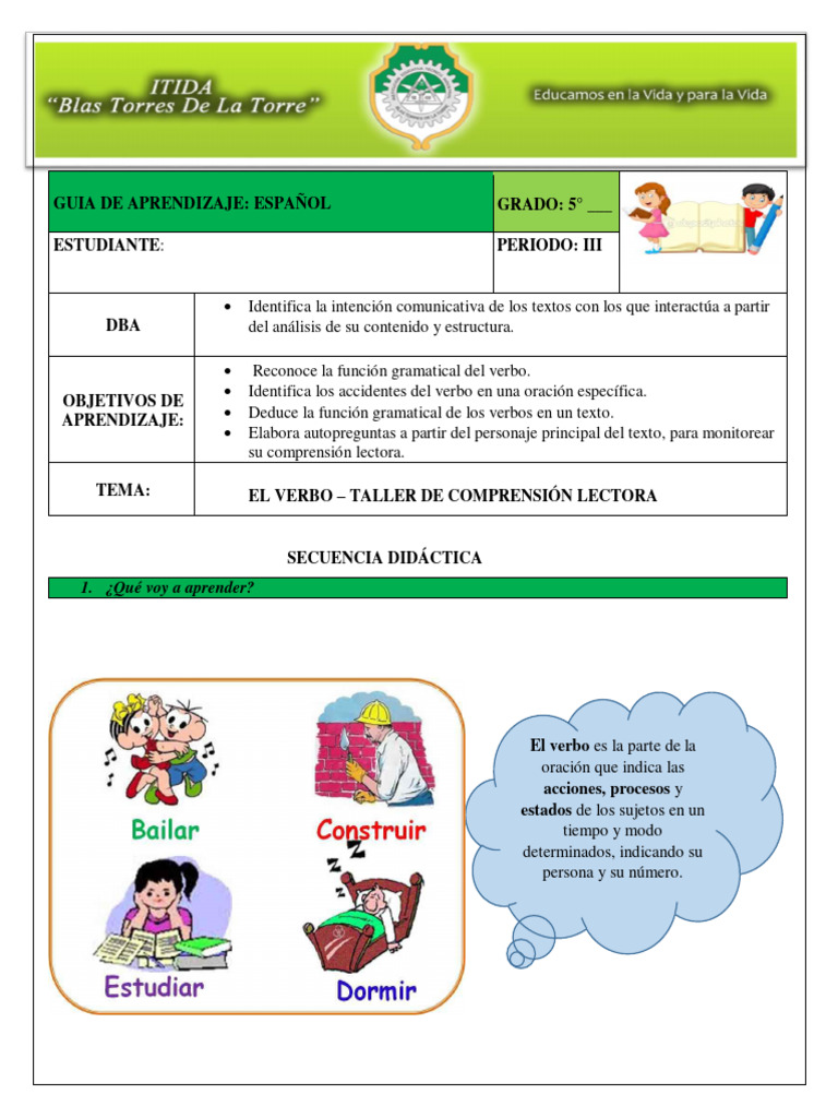 El Verbo Taller De Comprensión Lectora Pdf Hormiga Verbo
