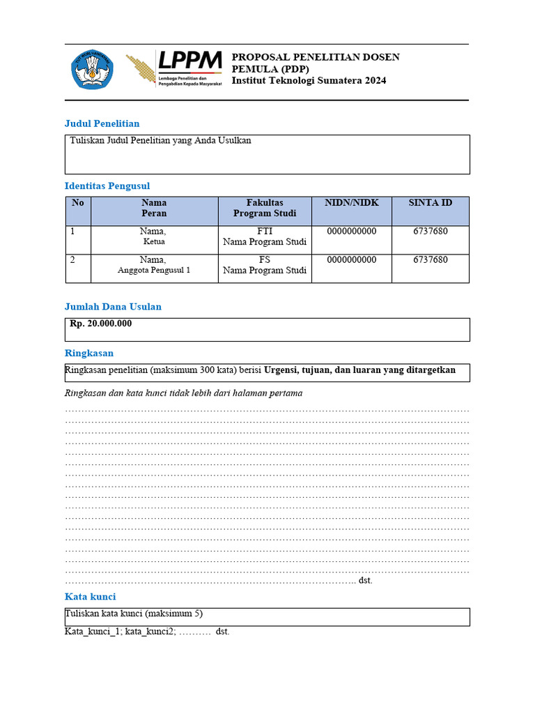 Itera - Format Proposal Penelitian Dosen Pemula (PDP) | PDF