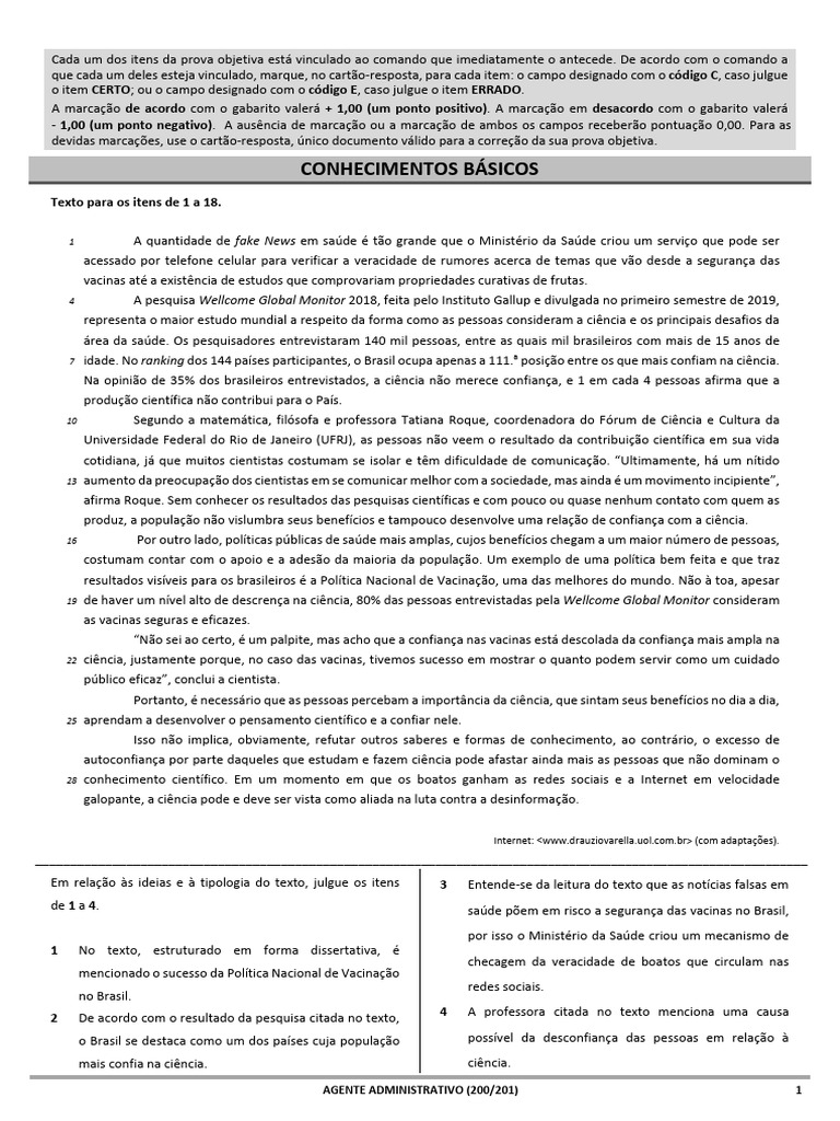 QUADRIX Cad Prova 200 201 Agente Administrativo COREN-AP Concurso Publico 2022 | PDF