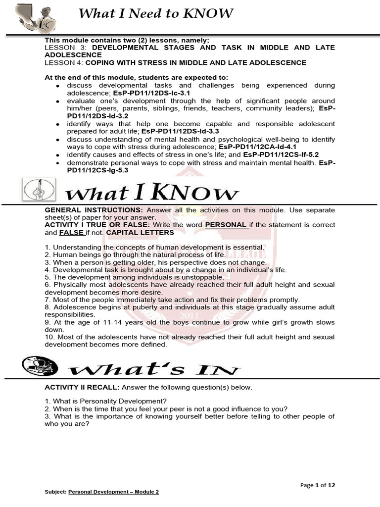 Personal Development - Module 2 | PDF | Adolescence | Stress (Biology)