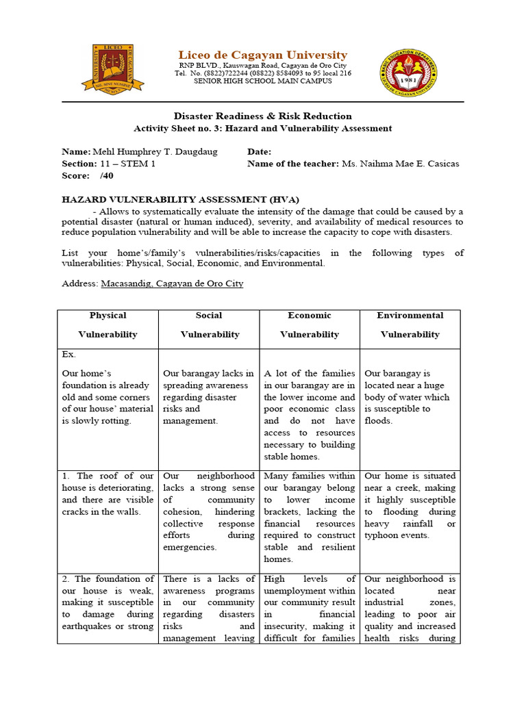 Mehl Humphrey Daugdaug - W3 Hazard Vulnerability Assessment | Download ...