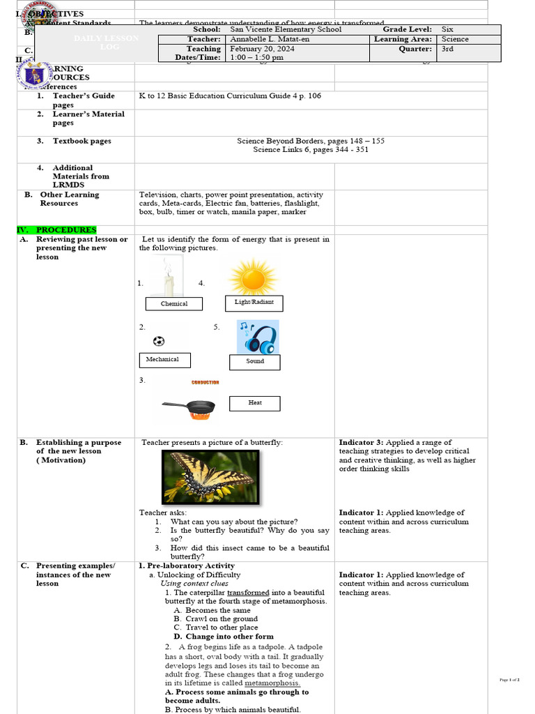 SCIENCE 6 COT Energy Transformation Final | PDF