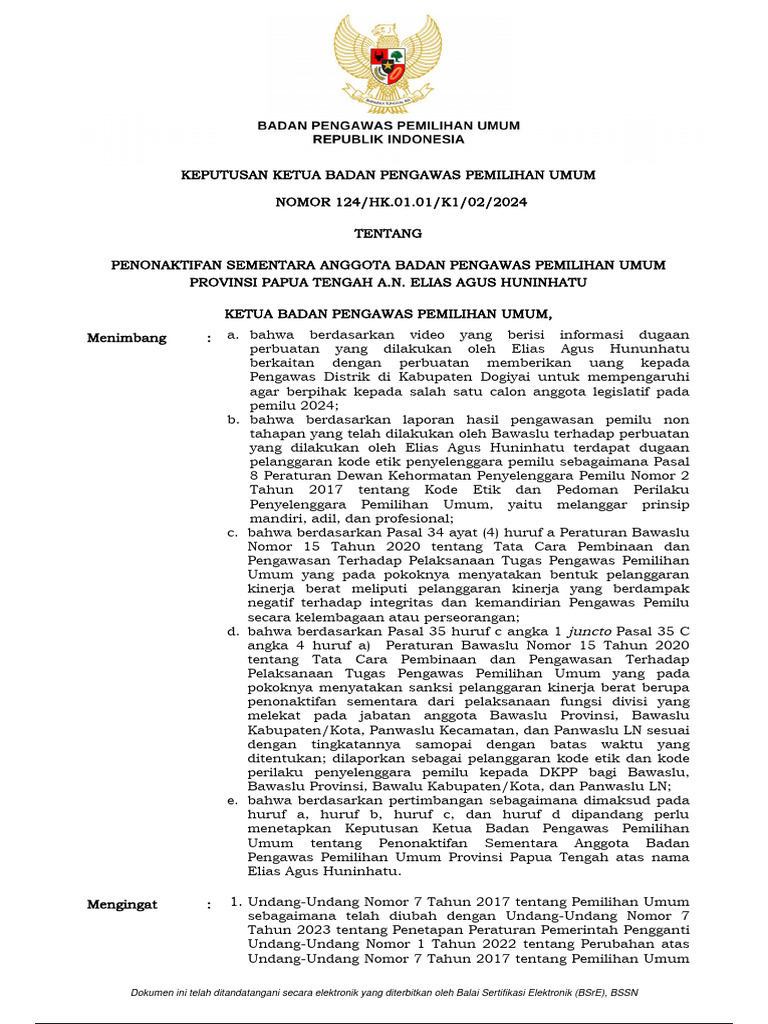 SK Penonaktifan Sementara - PROVINSI PAPUA TENGAH A.N. ELIAS AGUS HUNINHATU | PDF