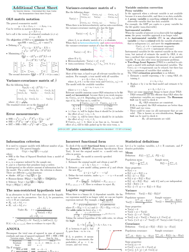 Additional Cheatsheet en | PDF | Ordinary Least Squares | Mathematical And Quantitative Methods ...