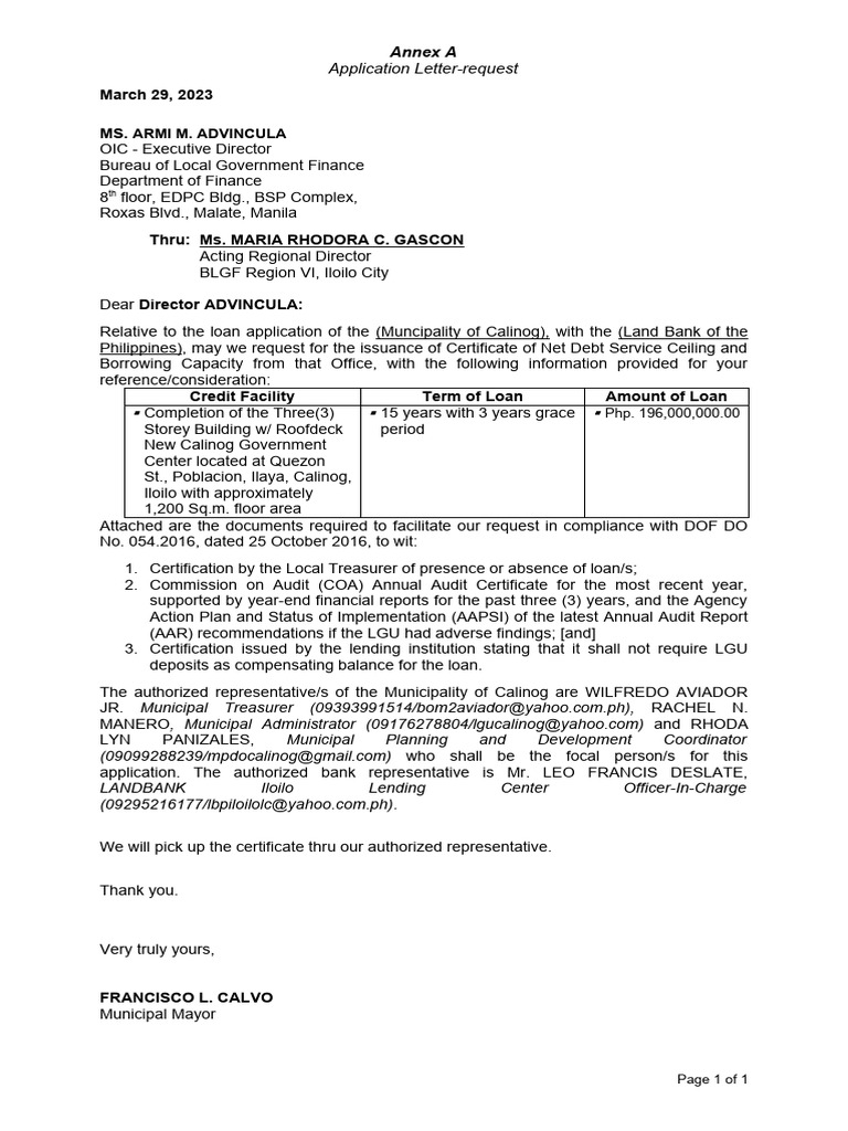 Annex A Sample Letter Request | PDF | Loans | Debt