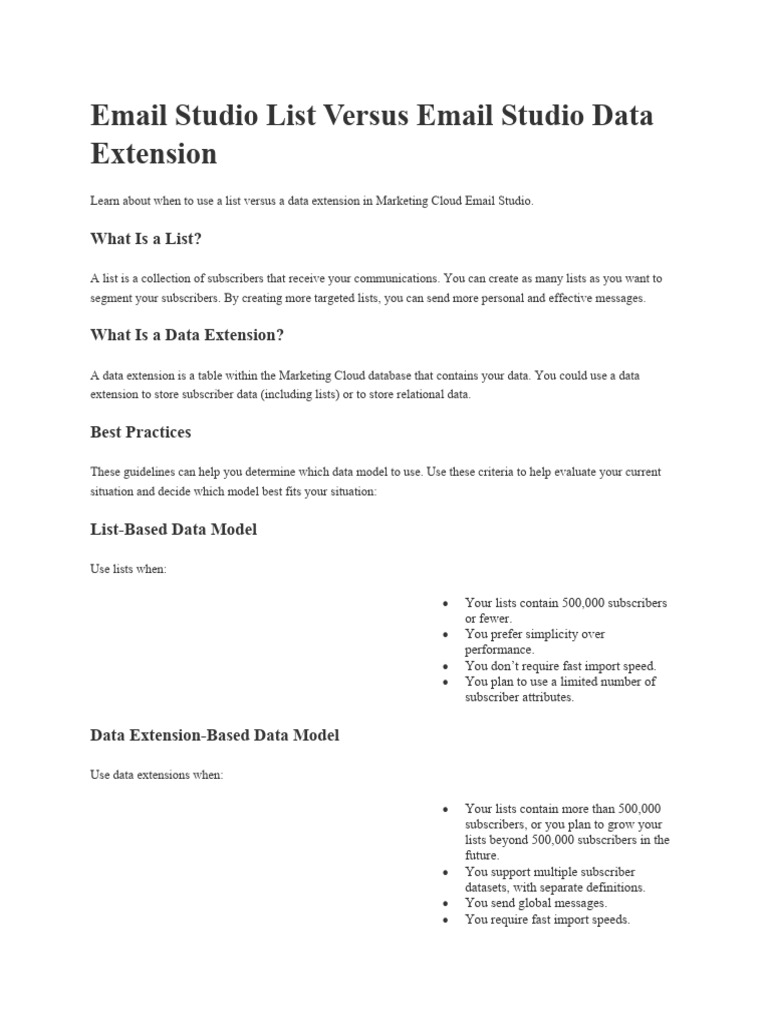 Email Studio List Versus Email Studio Data Extension | PDF | Relational ...