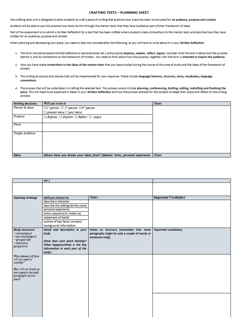 Crafting Texts - Planning Sheet | PDF | Experience | Linguistics