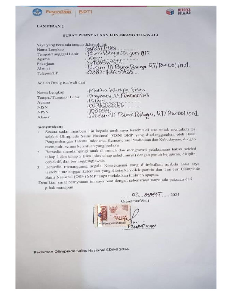 Surat Ijin Ortu Maliha | PDF