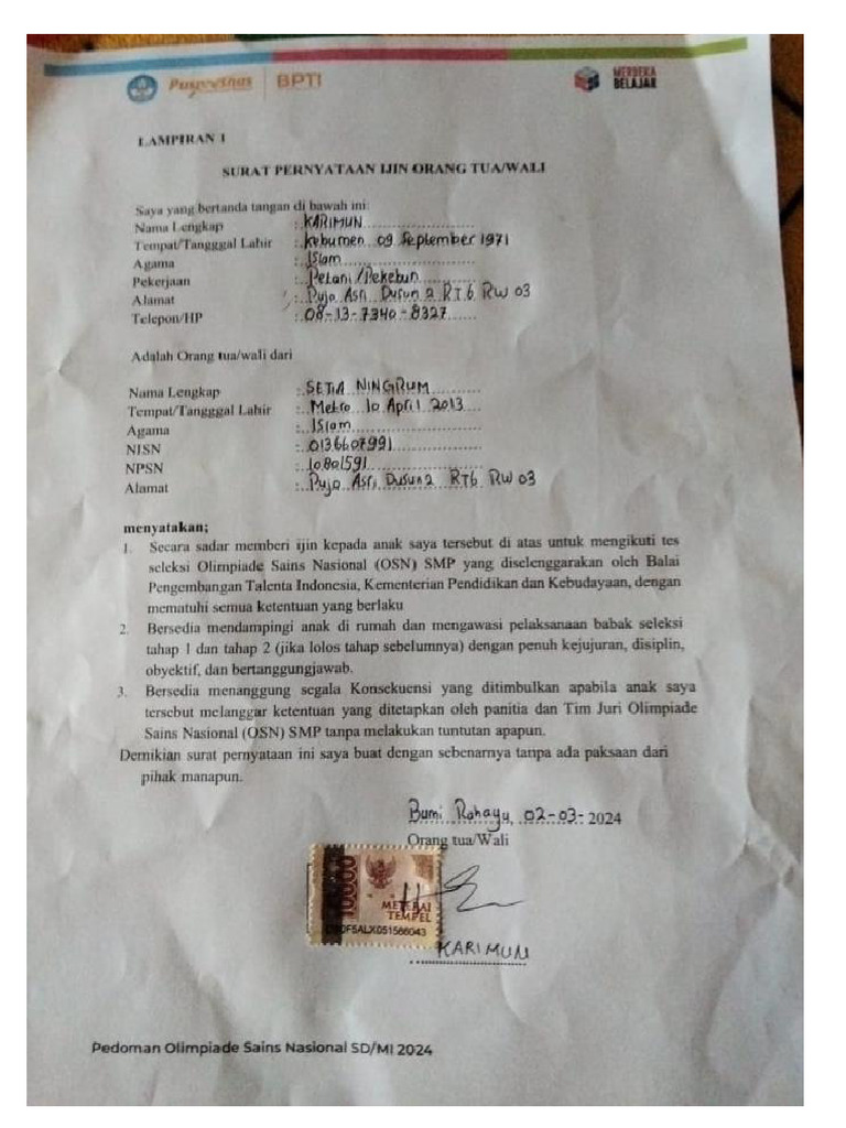 Surat Ijin Ortu Ningrum | PDF