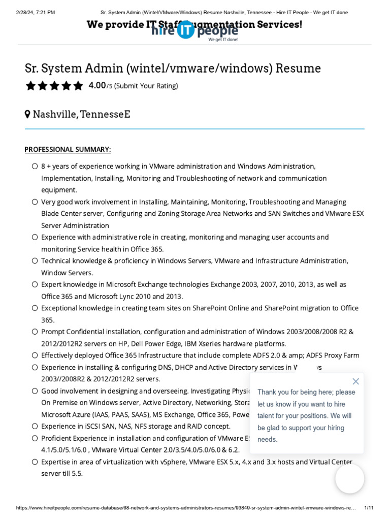 Sr. System Admin (Wintel - VMware - Windows) Resume Nashville ...