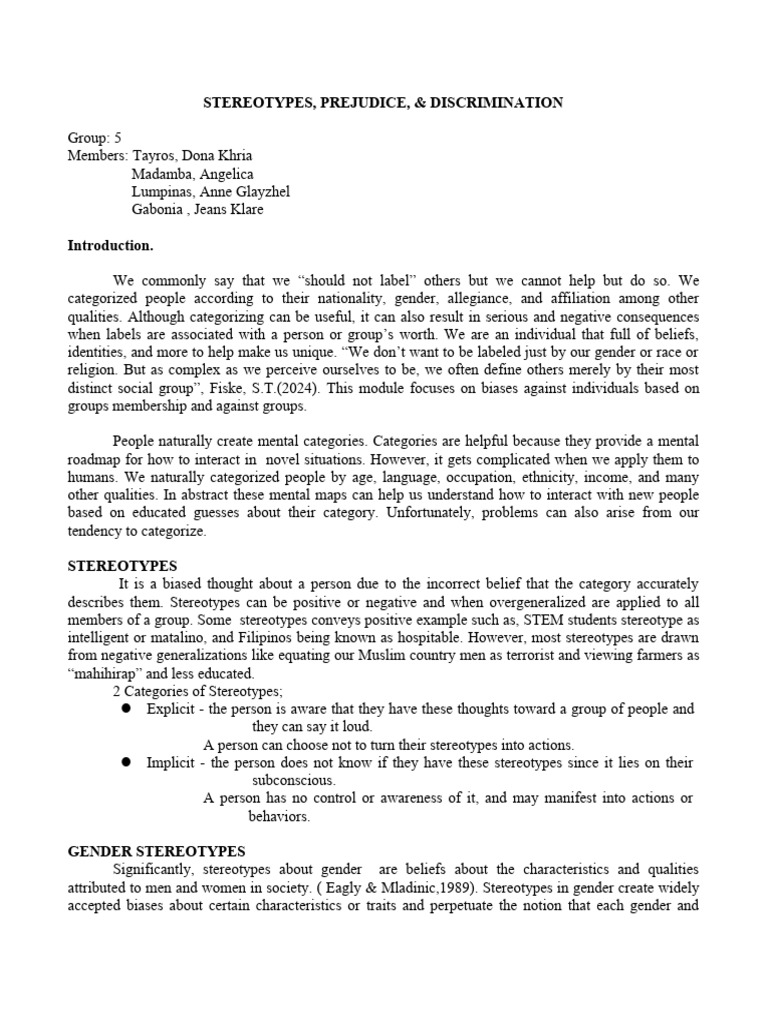 Stereotypes Handouts | PDF | Prejudices | Gender Studies