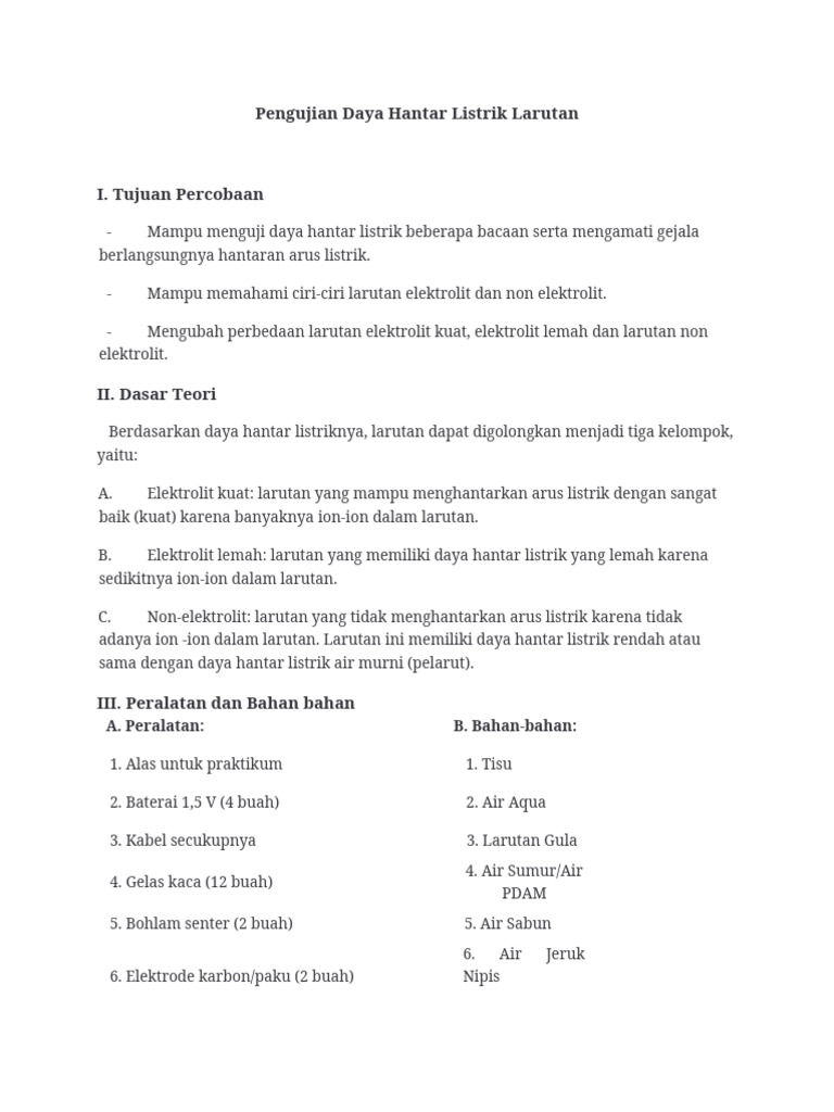 Pengujian Daya Hantar Listrik Larutan: A. Peralatan: B. Bahan-Bahan | PDF
