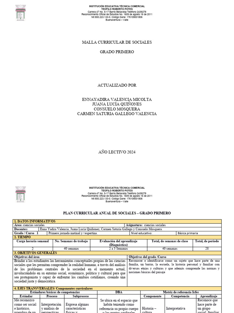 Plan de Ciencias Sociales - Grado Primero | PDF