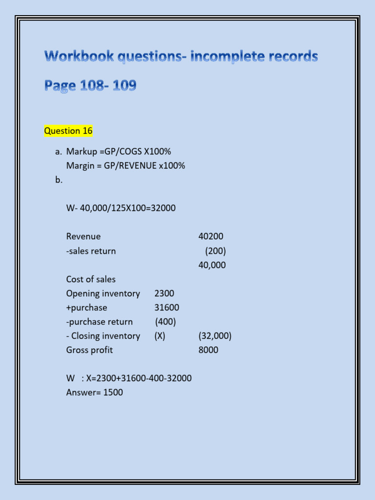 Workbook Questions Incomplete Records | PDF | Book Value | Accounting