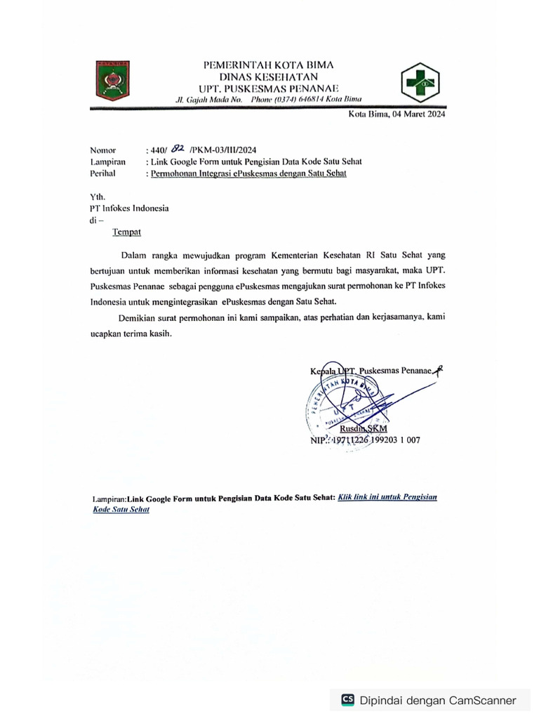 Surat Permohonan Integrasi Satu Sehat | PDF