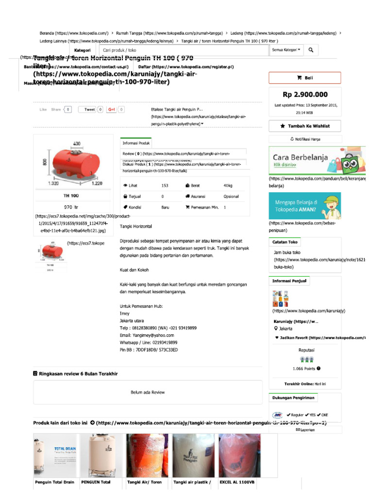 Tangki Air Toren Horisontal Penguin 970 LTR | PDF