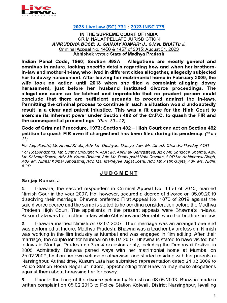 482 Supreme Court Judgmnt 498a | PDF