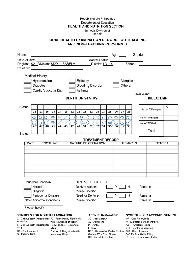 Oral Health Examination Record Template | PDF | Dentistry | Dentures