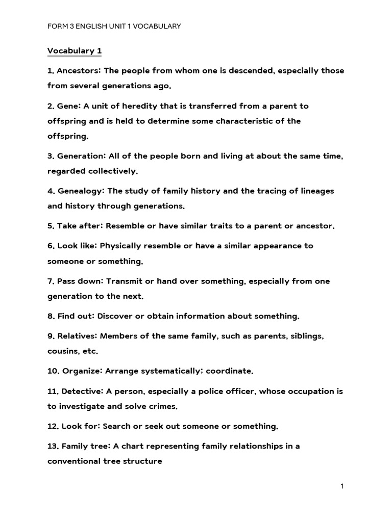 Form 3 English Unit 1 Vocabulary | PDF | Family | Parent