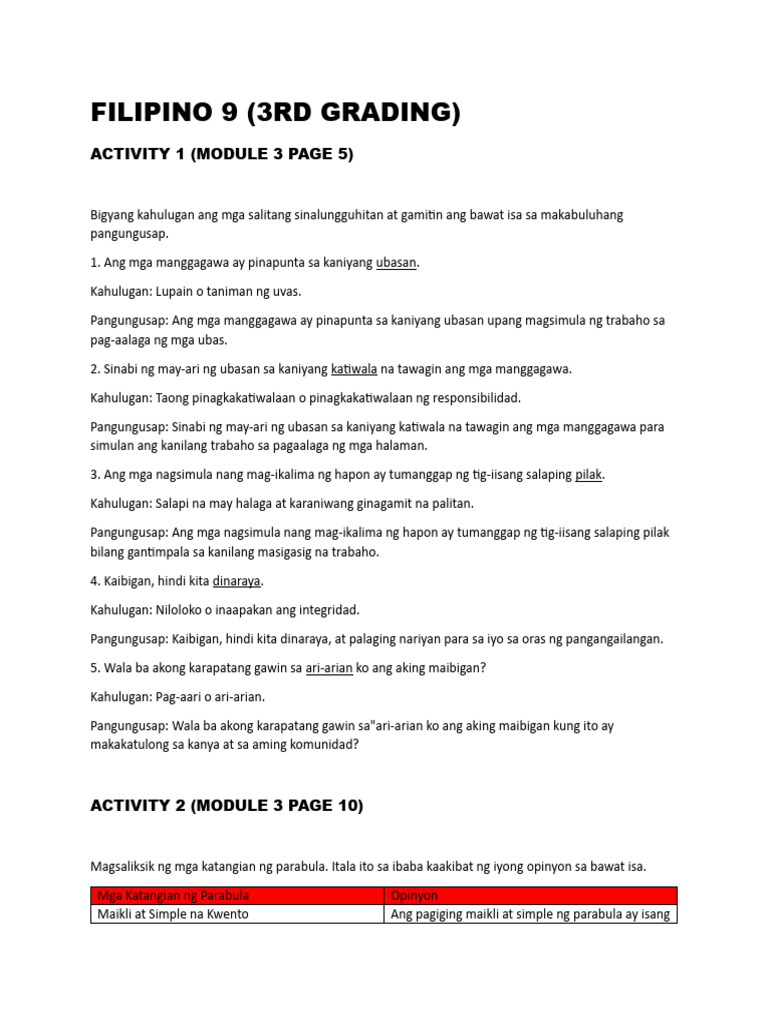 Filipino 9 Module 3 Activity Answers | PDF
