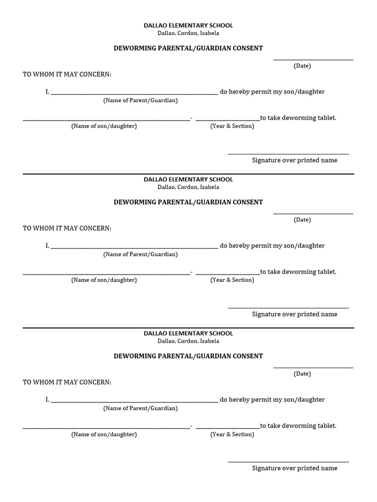 Dallao School Deworming Consent Form | PDF | Wellness