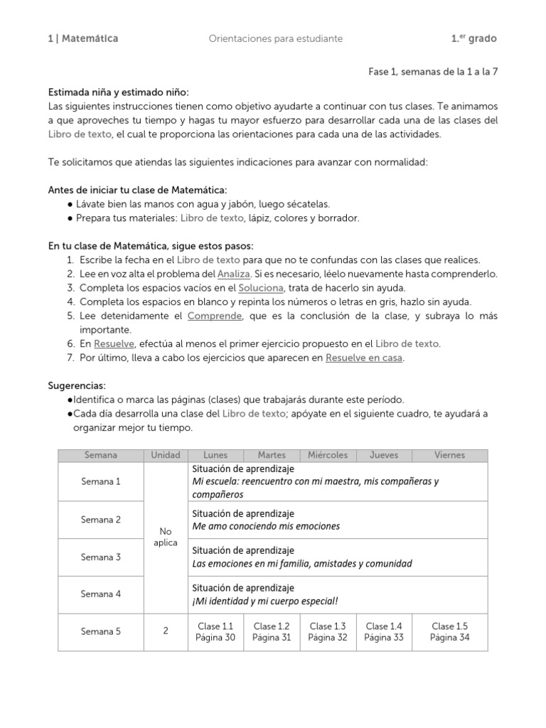 Orientaciones Estudiante Matematica Primer Grado s1 s7 f1 Impreso | PDF