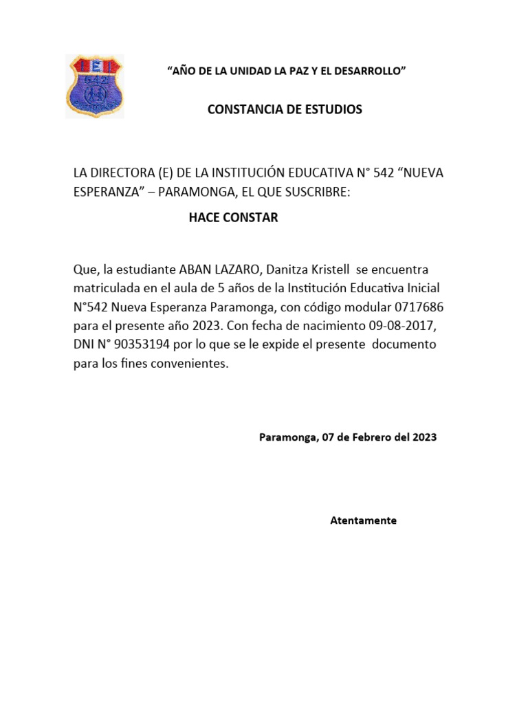Constancia de Estudio Danitza | PDF