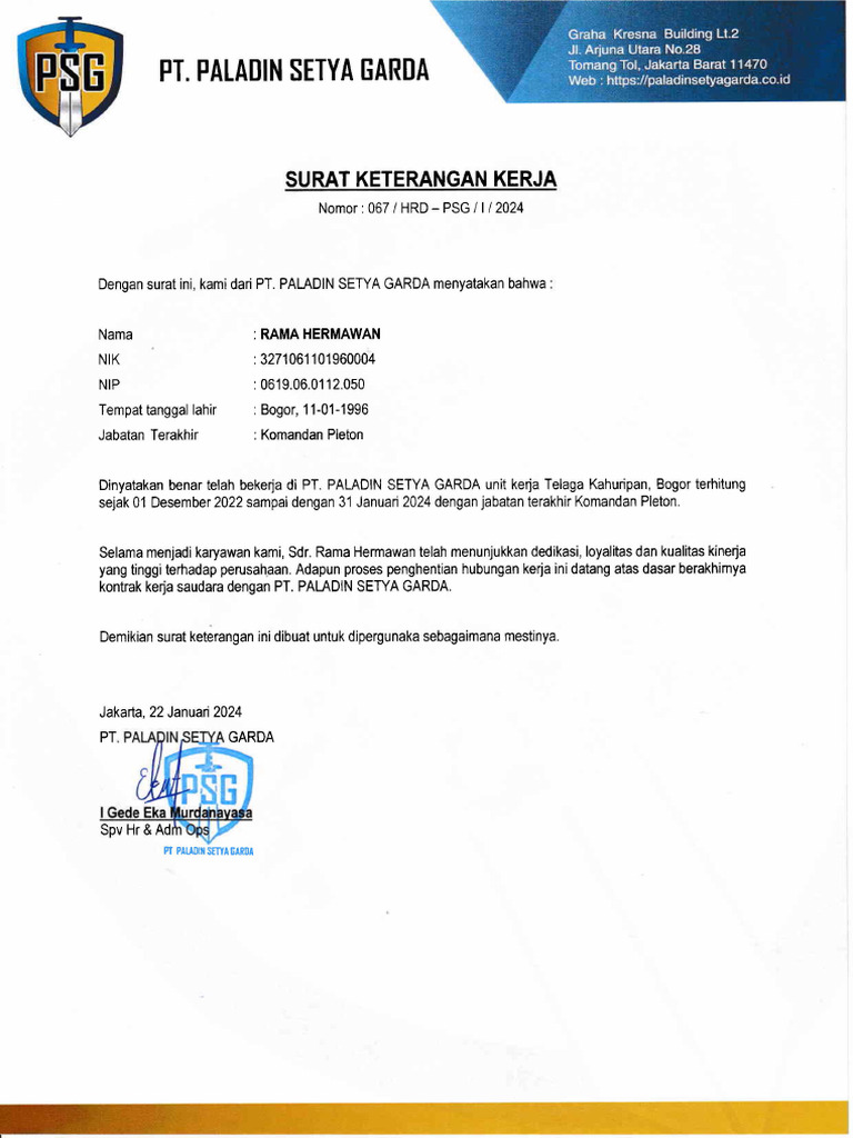 Surat Keterangan Kerja - Rama Hermawan | PDF