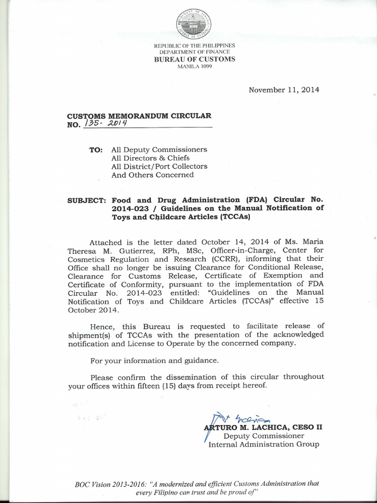 CMC No. 135 2014 Food and Drug Administration FDA Circular No.2014 023 ...
