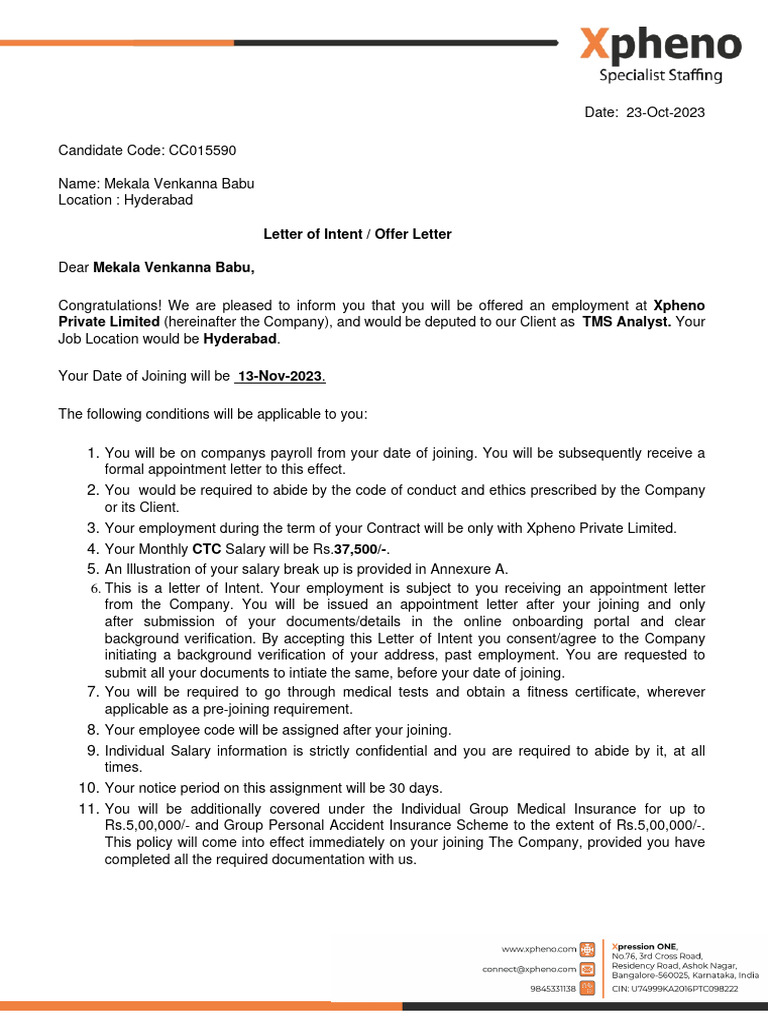 Offer Letter for Mekala Venkanna Babu | PDF | Income Tax | Taxes