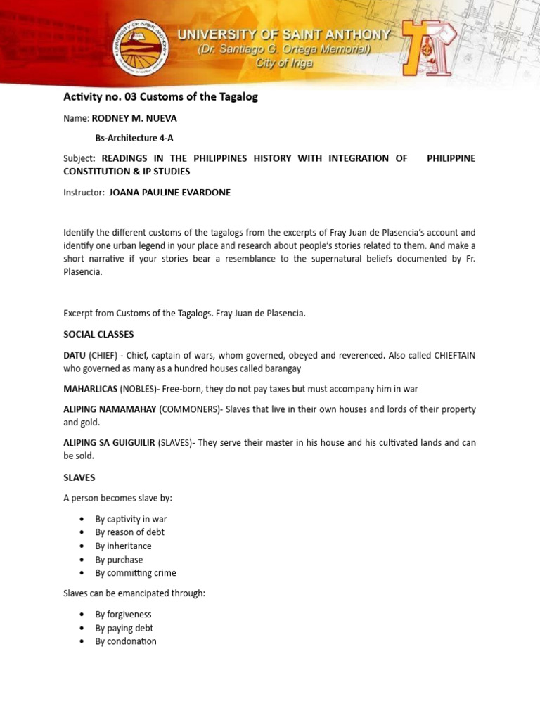 Activity No 3. CUSTOMS OF THE TAGALOGS | PDF | Social Science ...