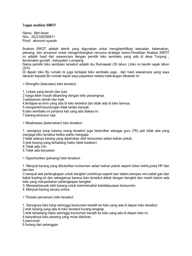 Analisis SWOT Toko Sembako Bu Rumiawati | PDF
