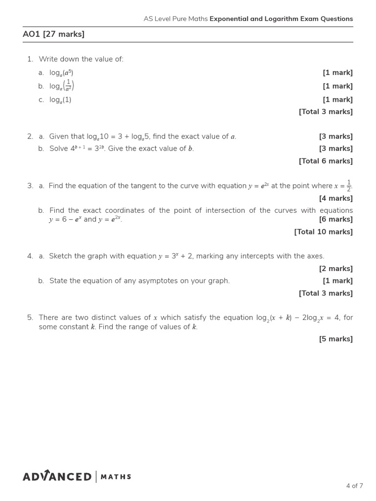 AS Level Pure Maths - Exponential and Logarithm Exam Questions | PDF