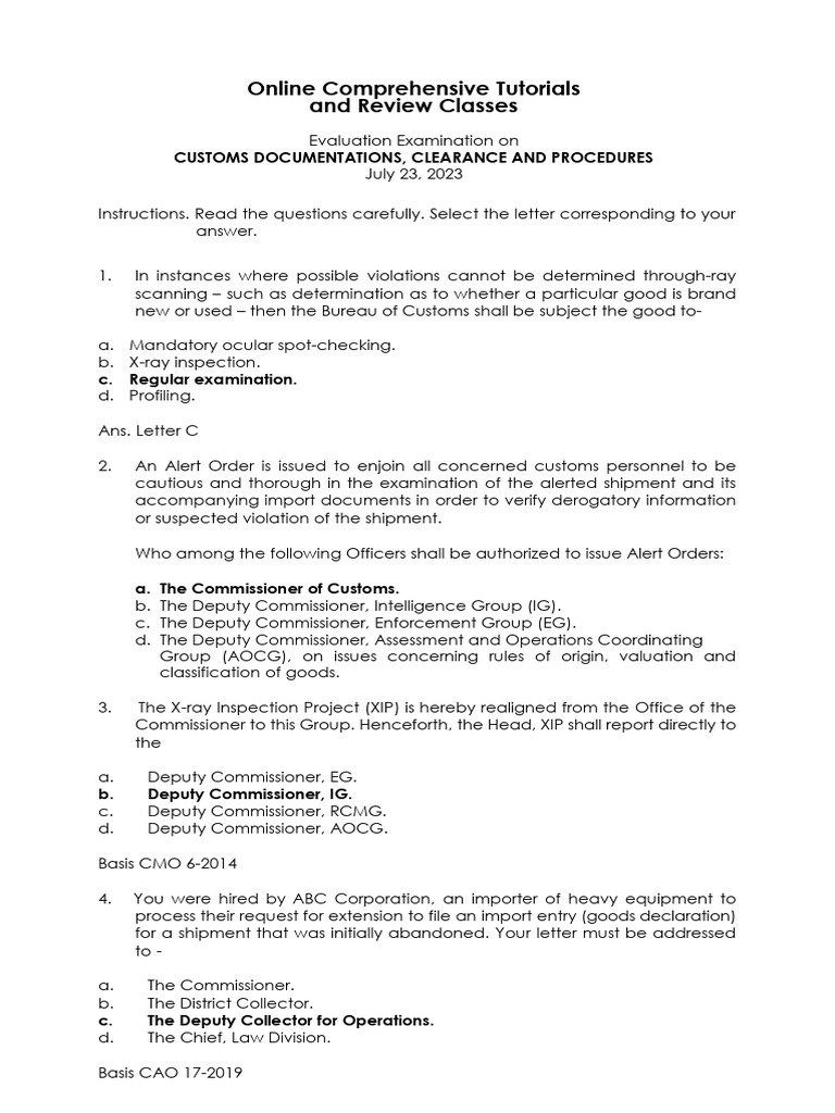 Customs Documentation Evaluation Examination July 23 2023 | PDF | Customs | Dumping (Pricing Policy)