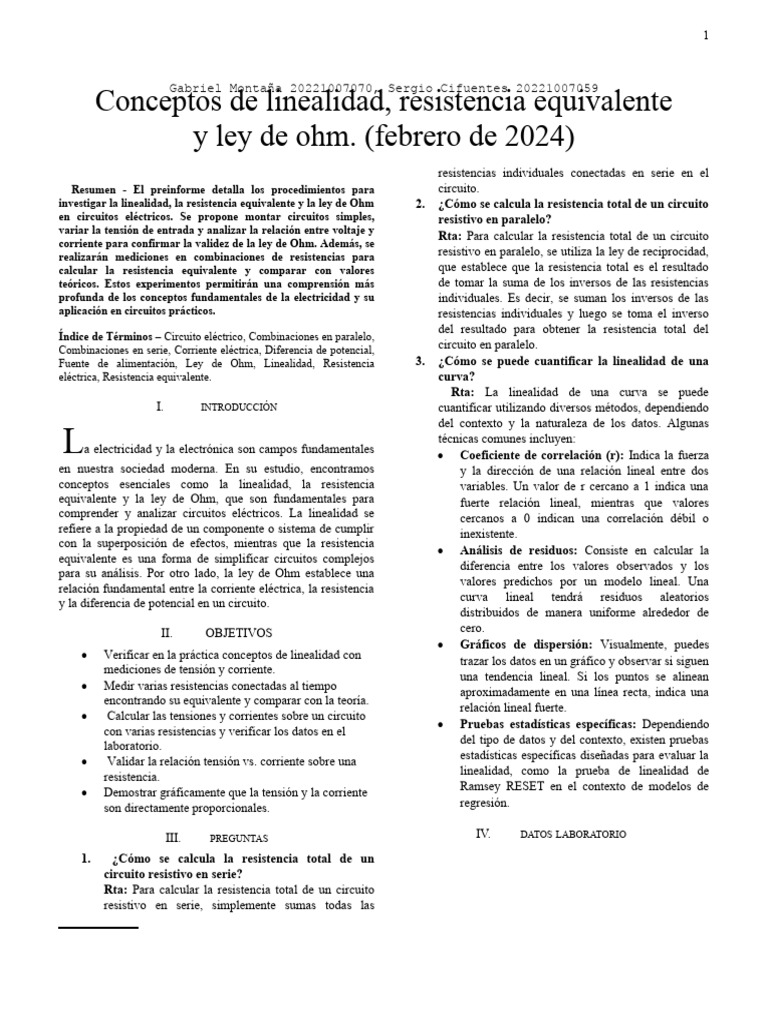 Conceptos de Linealidad, Resistencia Equivalente y Ley de Ohm | PDF ...