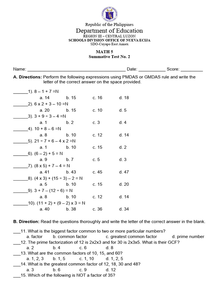 Q1 ST 2 GR.5 Math With Tos | PDF | Multiplication | Elementary Mathematics
